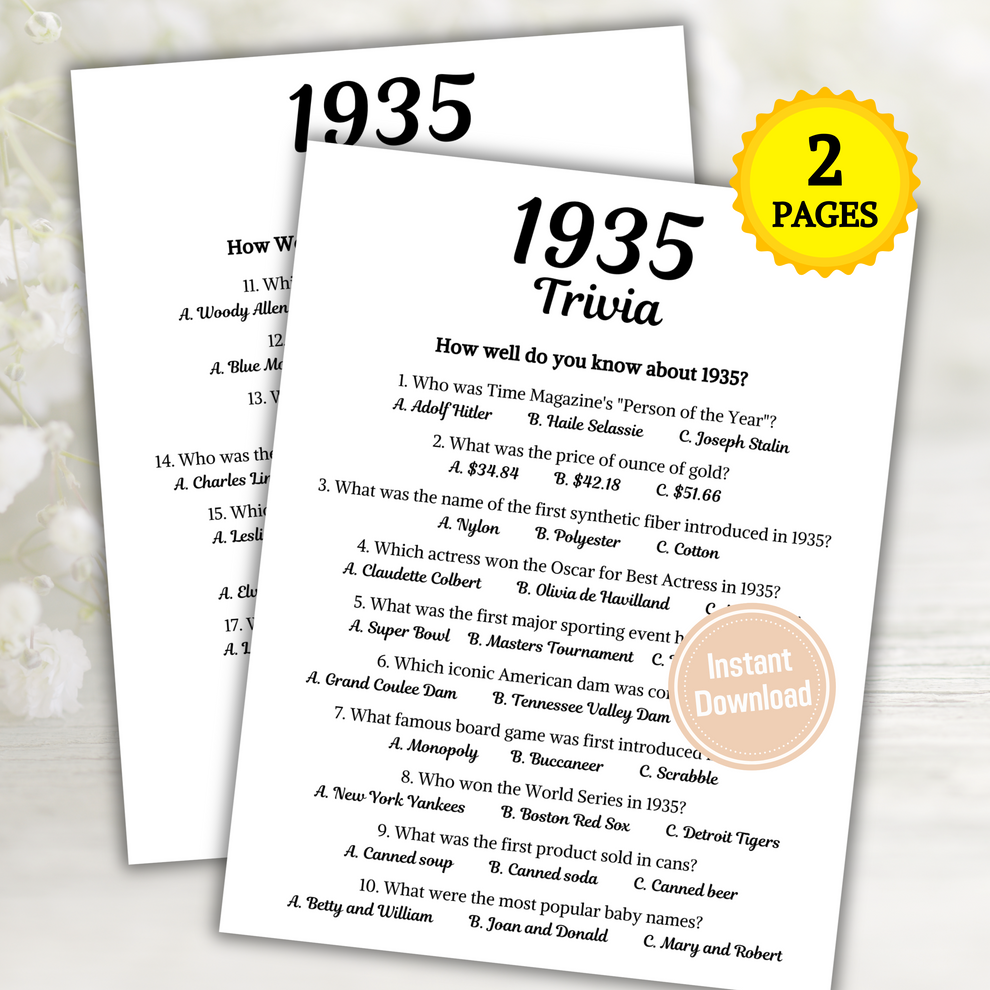1935 Trivia Game | Printable 90th Birthday Party Game – Funny Print For You