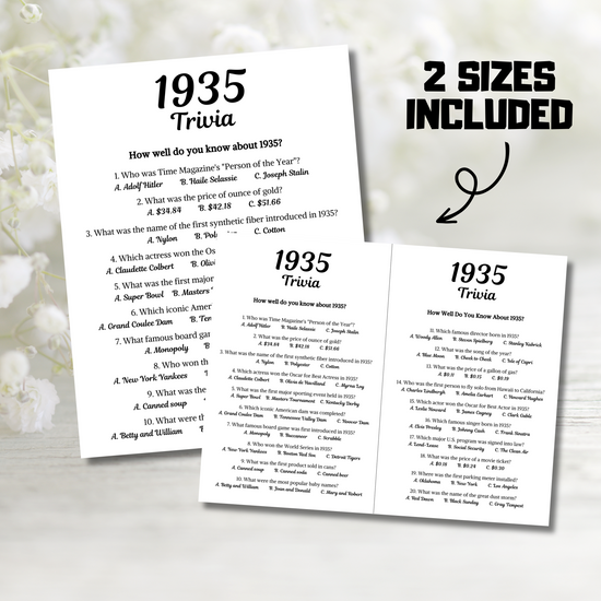 1935 Trivia Game | Printable 90th Birthday Party Game – Funny Print For You
