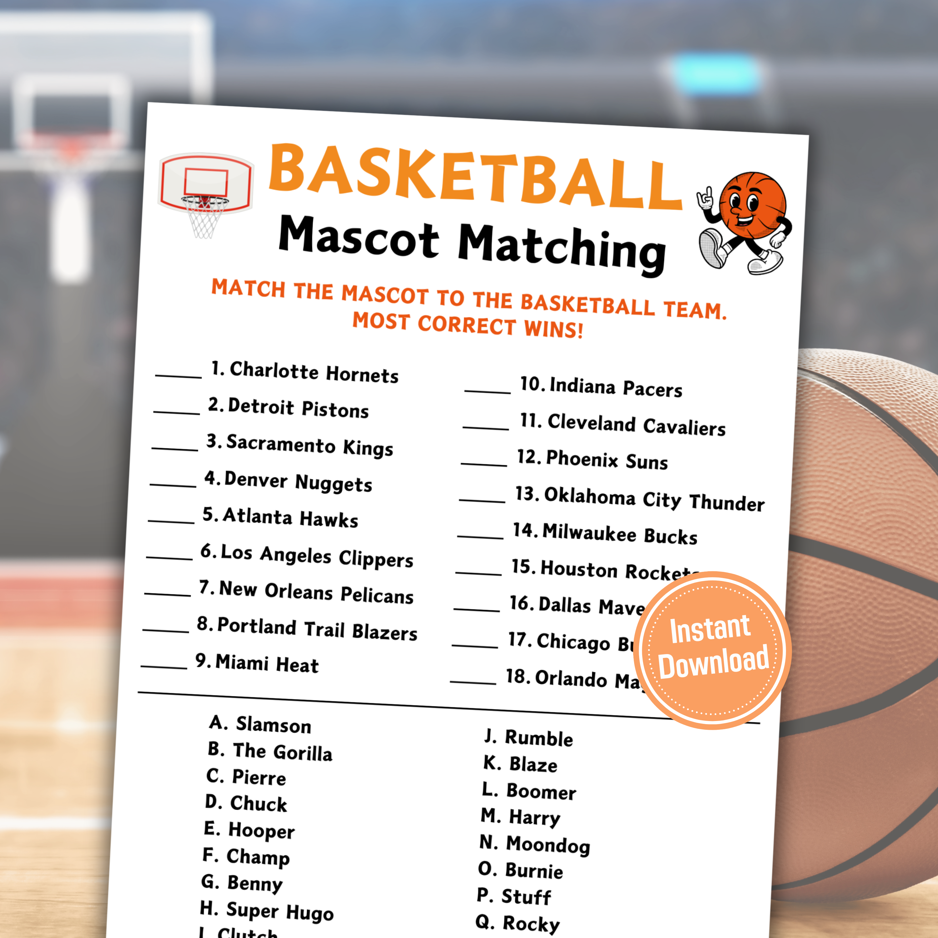 Basketball Mascot Matching Game | Basketball Trivia Game – Funny Print ...