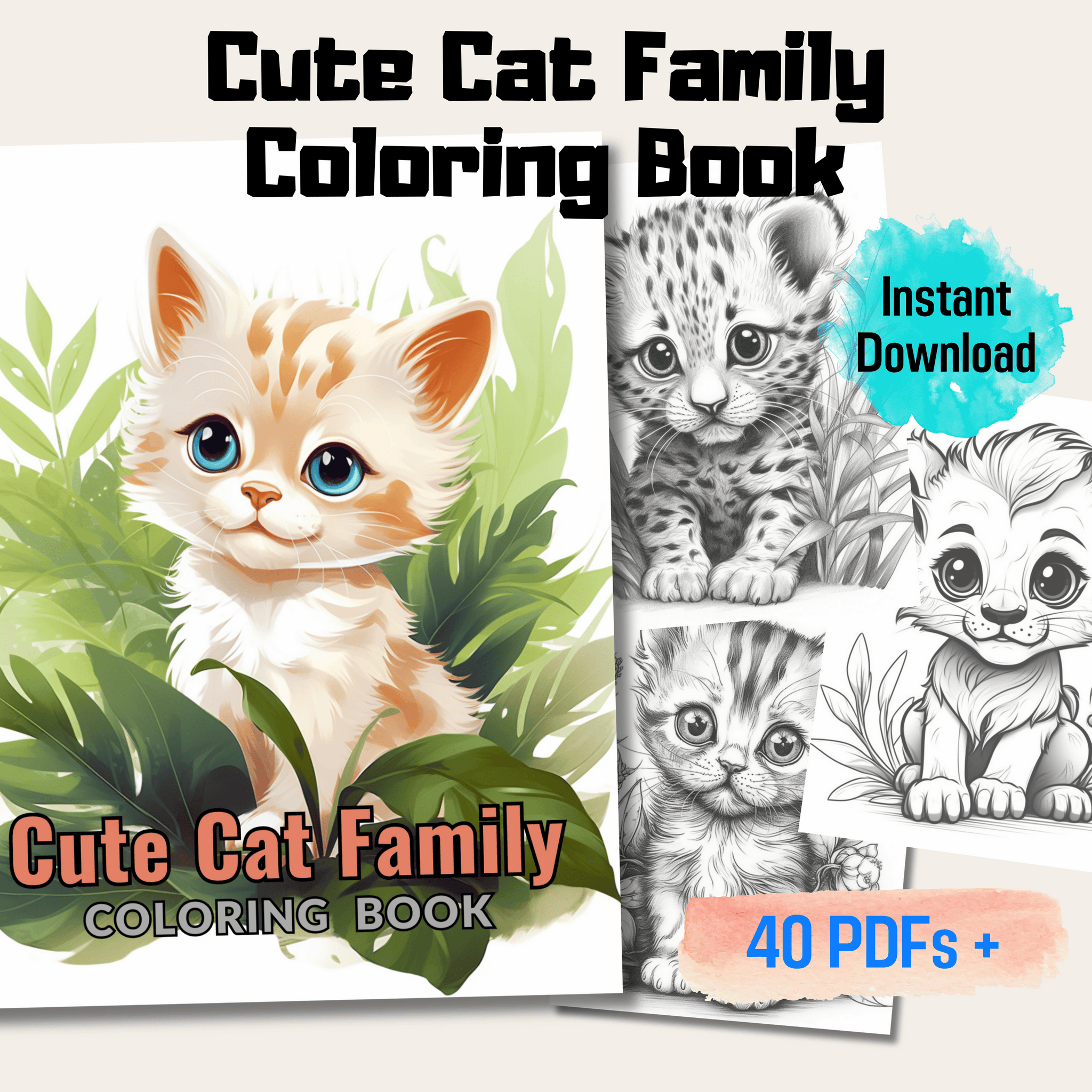 20 Pages Designs Adorable Baby Cat Family Coloring Page Book, Instant ...