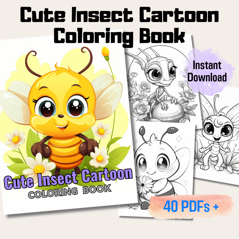 20 Pages Cute Insect Cartoon Style Coloring Book, Instant Download, Pr ...