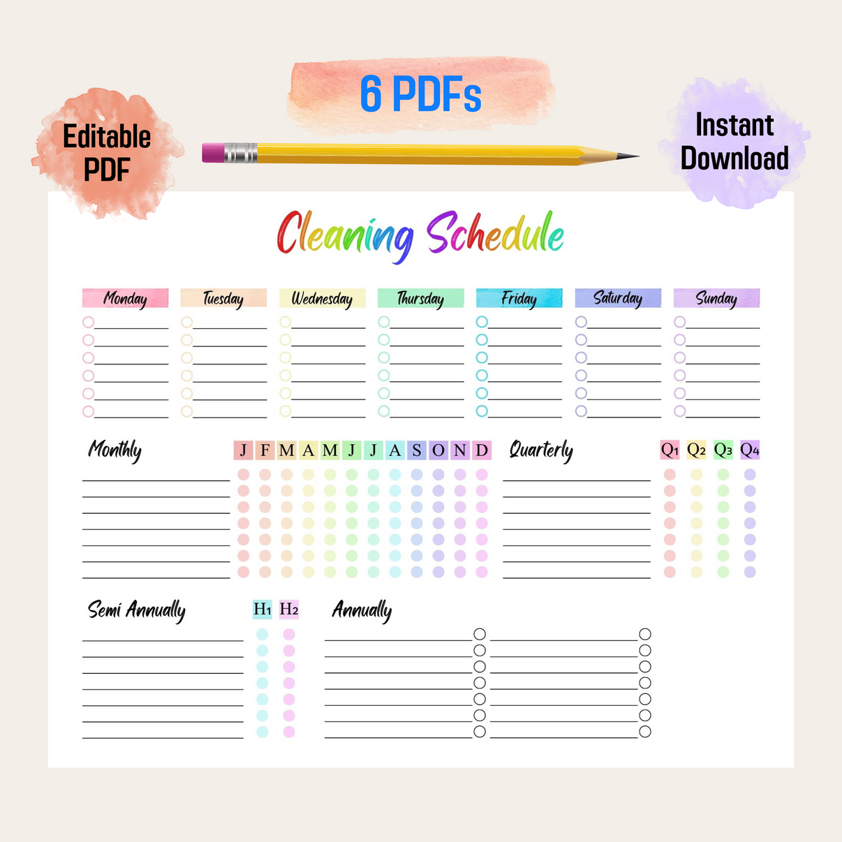 Customizable Cleaning Schedule Rainbow Color Printable, For Daily Week ...