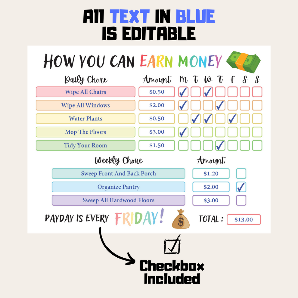 Editable Kids Chore Chart for Earning Money Rainbow Color, Editable Ki ...