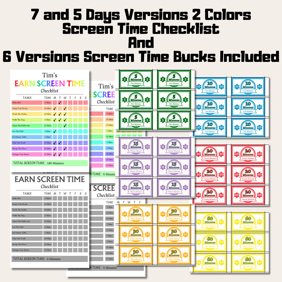 Editable Screen Time Checklist + Screen Bucks For Kids & Teens, Instan ...