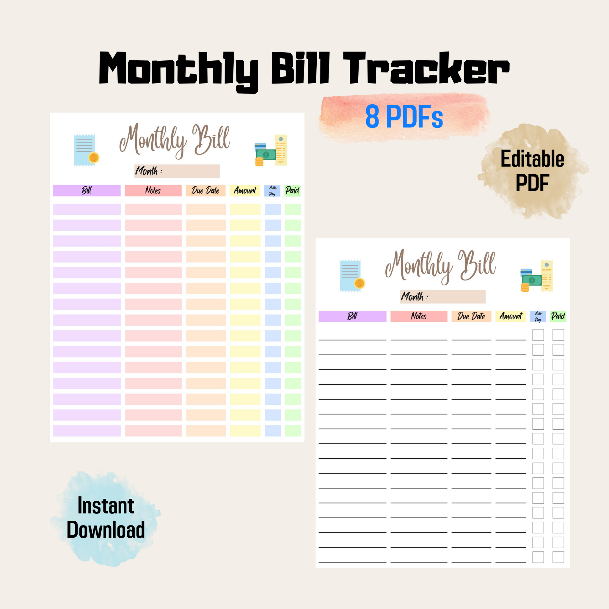 Monthly Bill Payment Tracker Rainbow Color, Expense Tracker, Editable ...