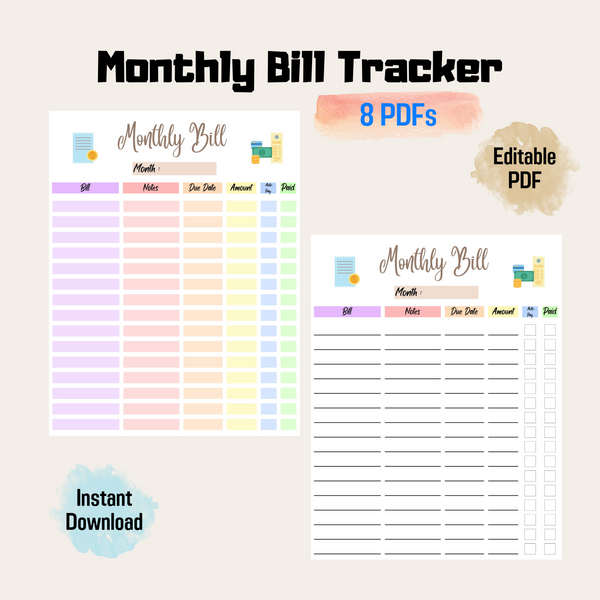Monthly Bill Payment Tracker Rainbow Color, Expense Tracker, Editable ...