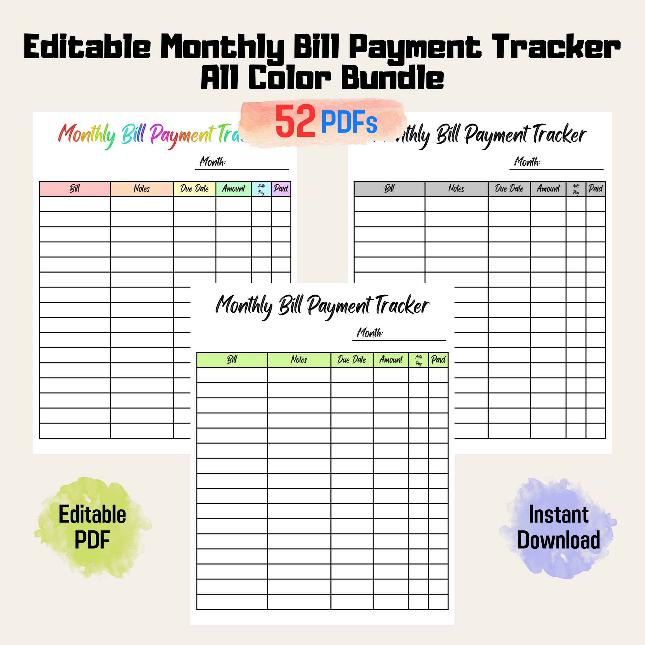 Bill Payment Tracker Rainbow Color Printable, Editable Monthly Bill Tr ...