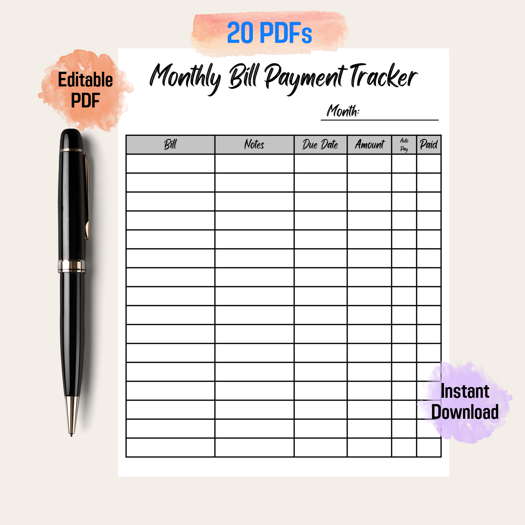 Bill Payment Tracker Rainbow Color Printable, Editable Monthly Bill Tr ...