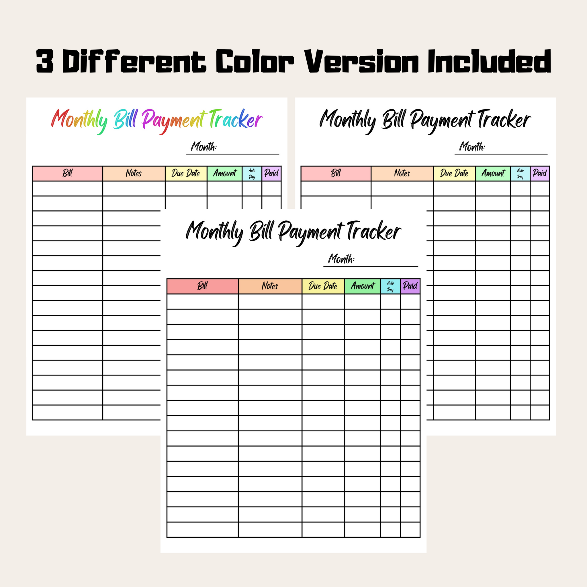 Bill Payment Tracker Rainbow Color Printable, Editable Monthly Bill Tr ...
