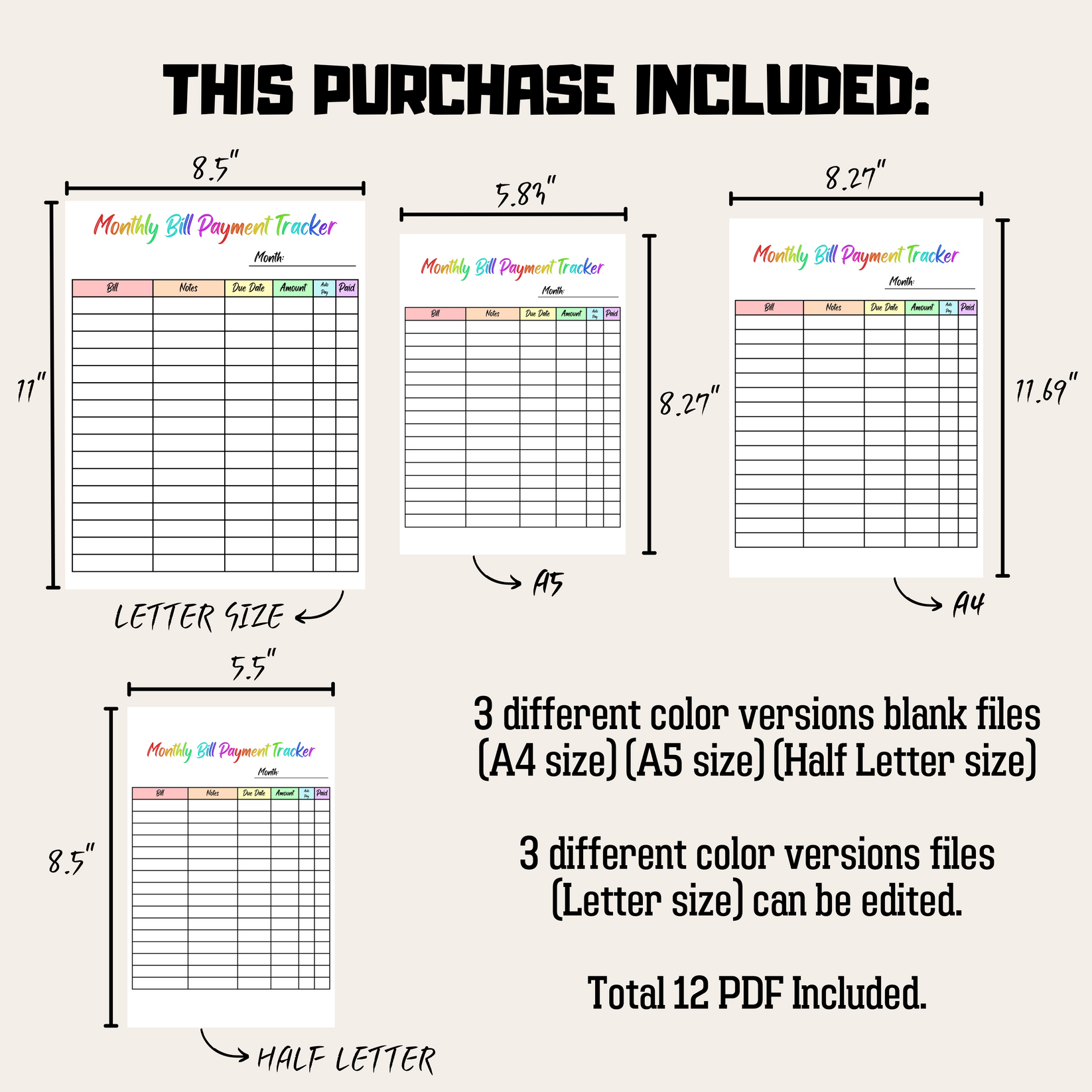 Bill Payment Tracker Rainbow Color Printable, Editable Monthly Bill Tr ...