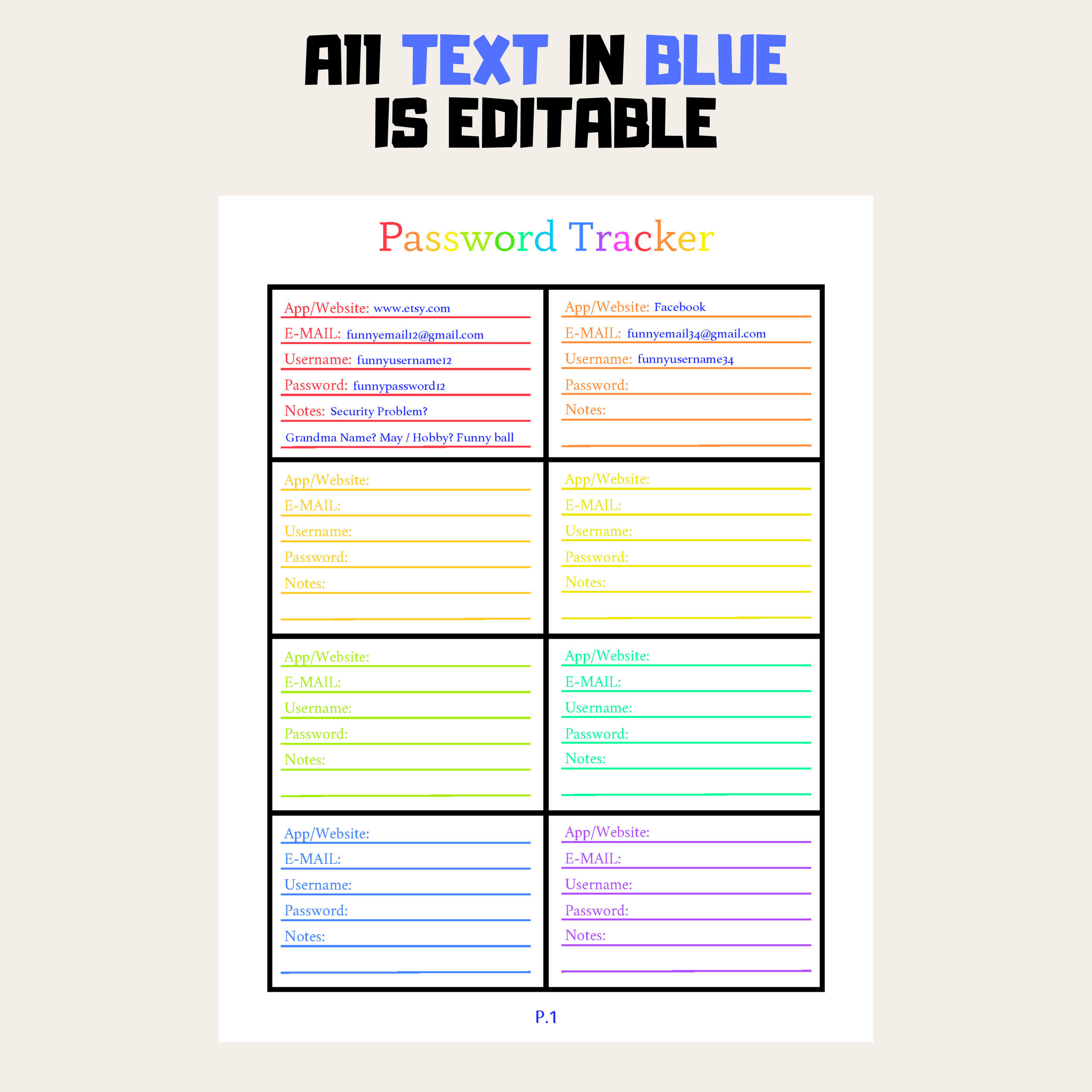 Editable Password Tracker Printable Rainbow Color, Password Organizer ...
