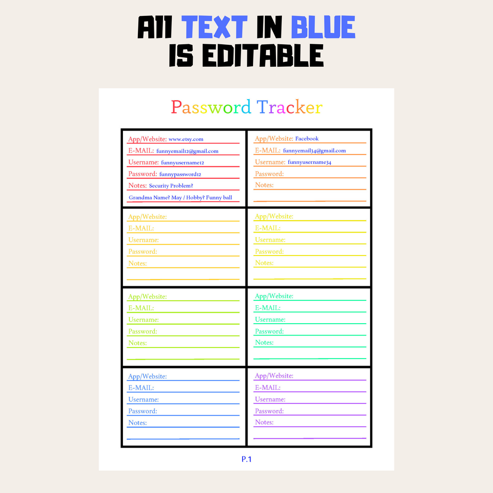 Editable Password Tracker Printable Rainbow Color, Password Organizer ...