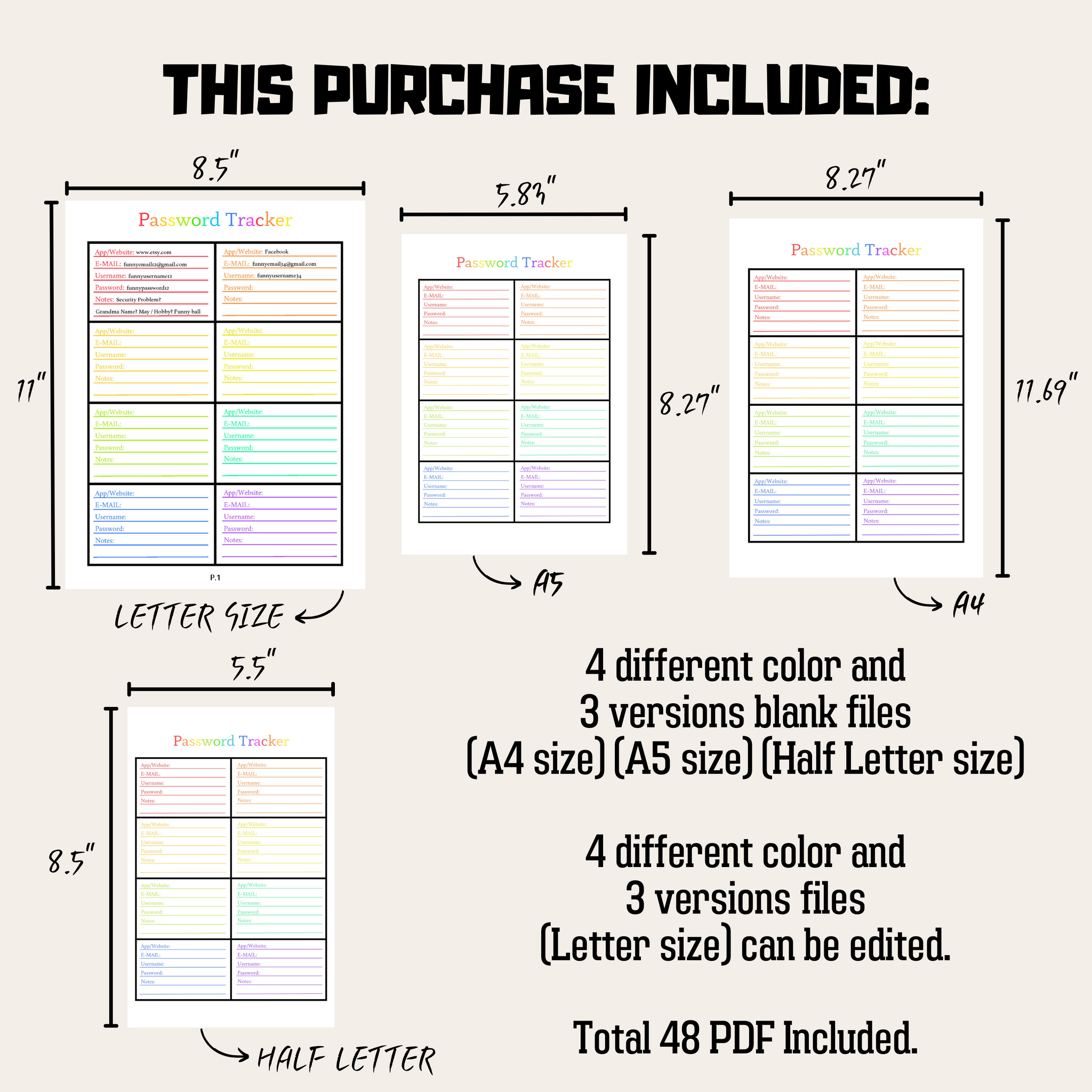 Editable Password Tracker Printable Rainbow Color, Password Organizer ...