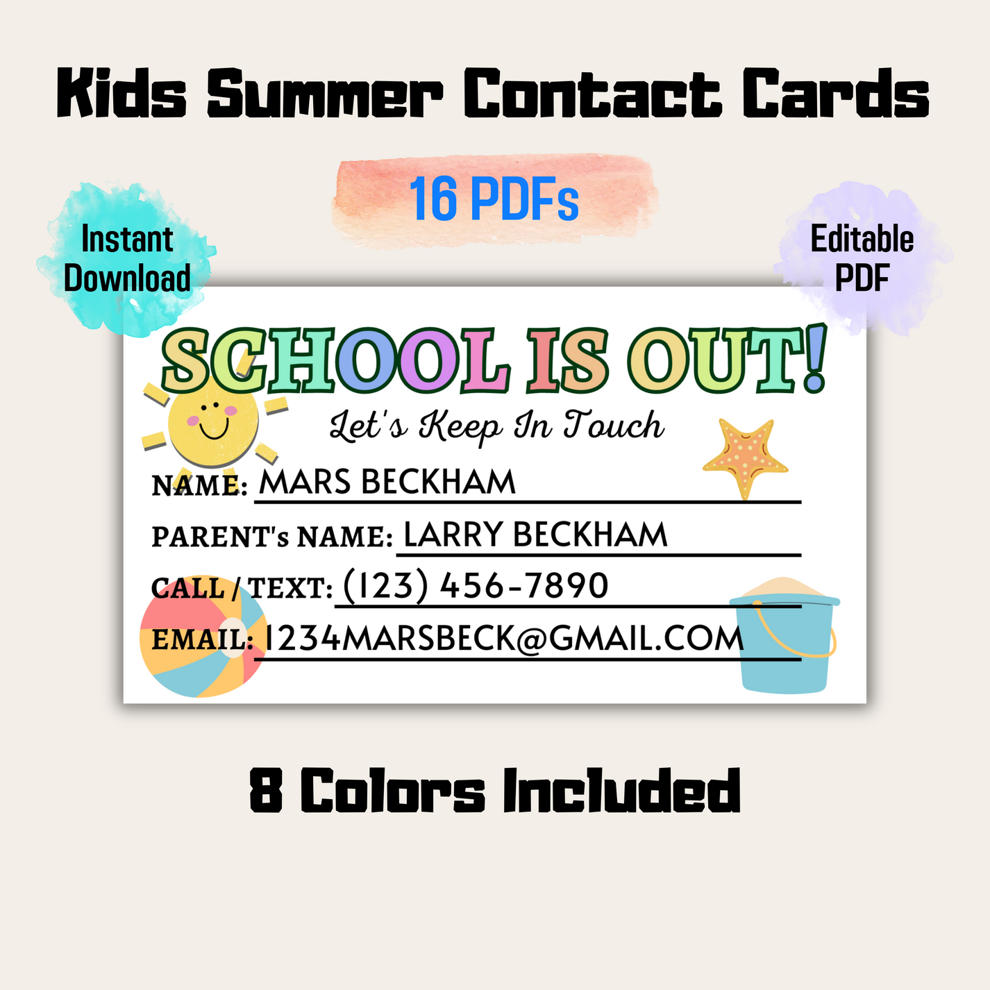 Editable Printable Kids Summer Contact Card, Play Date Calling Card, K ...