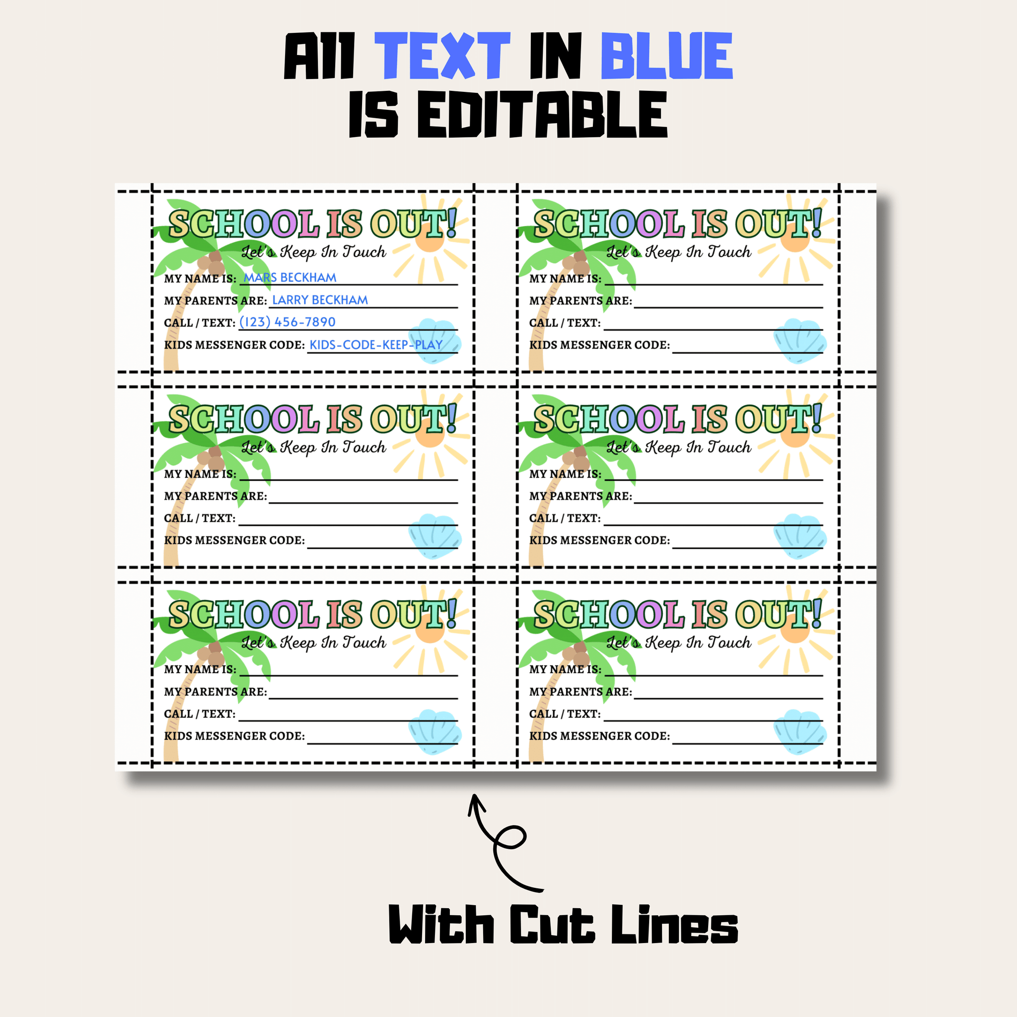 Editable Kids Contact Card, Keep In Touch Cards, Perfect for School Fr ...