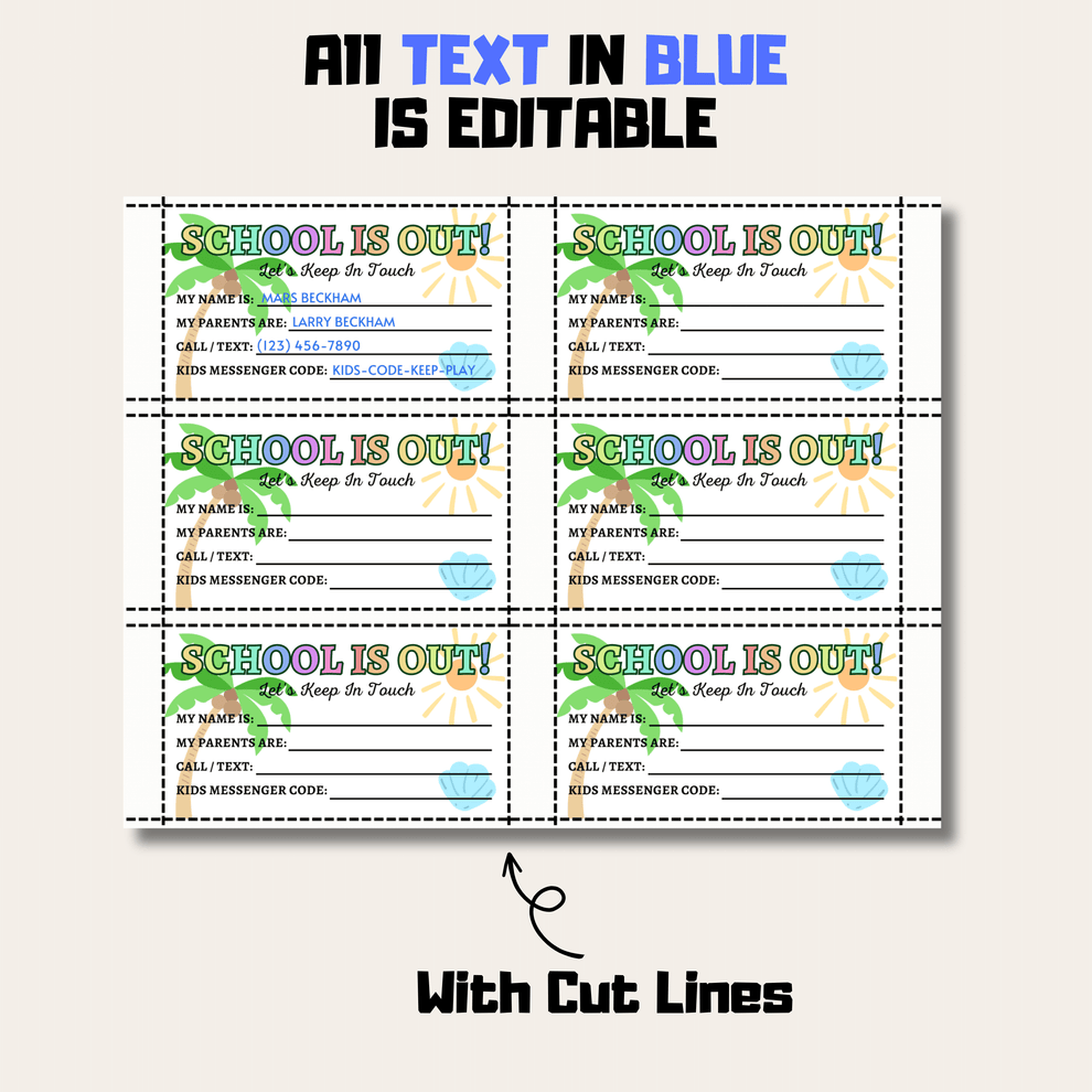 Editable Kids Contact Card, Keep In Touch Cards, Perfect for School Fr ...