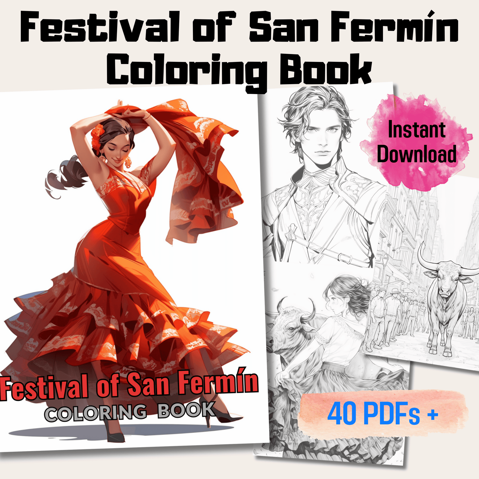 20 Pages Festival of San Fermin Grayscale Coloring Book, Instant Downl ...