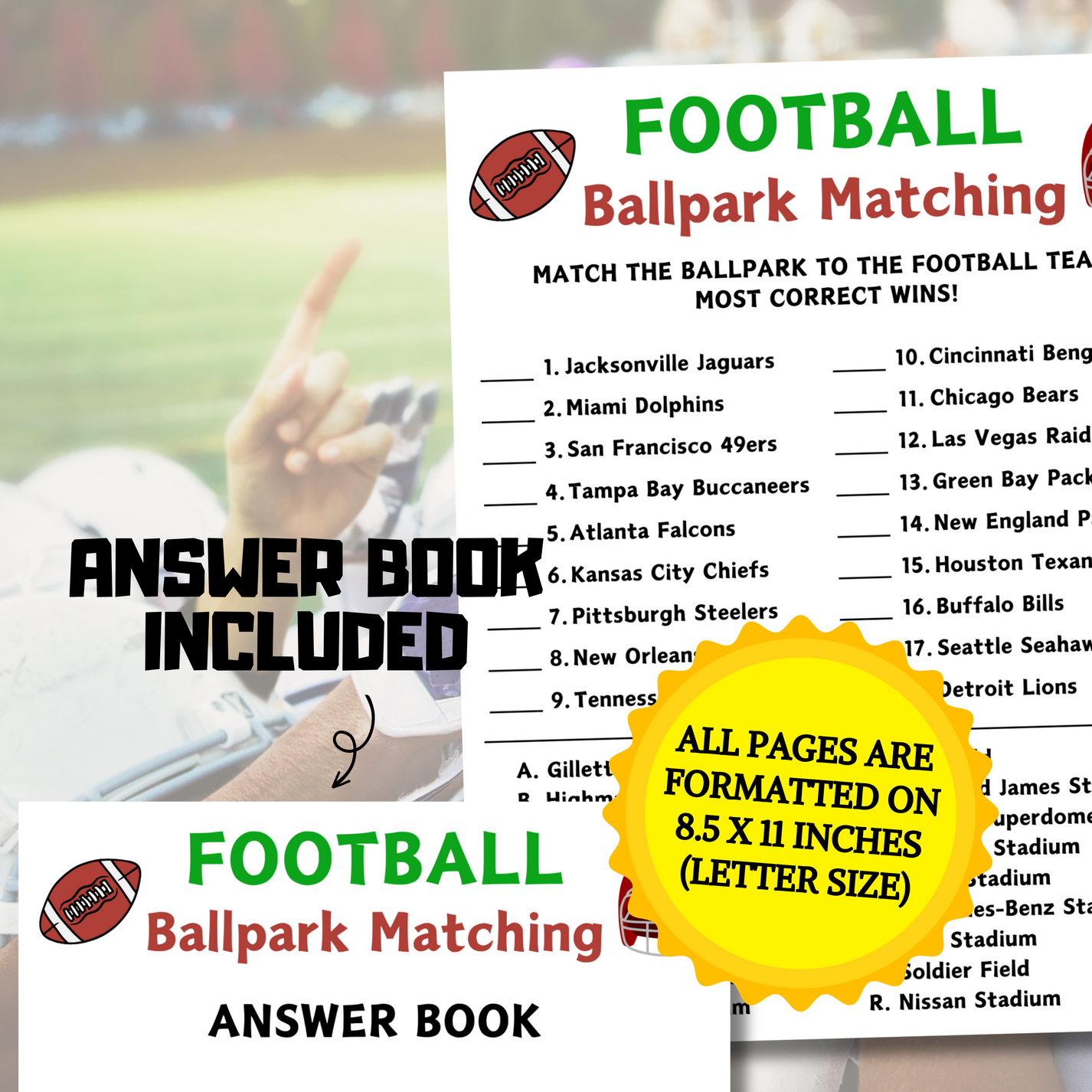 Football Ballpark Matching Game | Football Ballpark Match Up Game ...