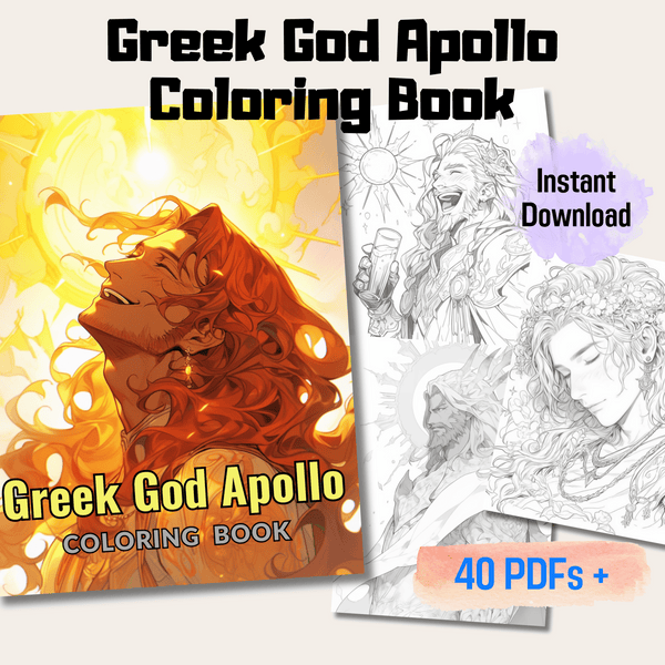 20 Pages Greek God Apollo Grayscale Coloring Book, Instant Download, P ...