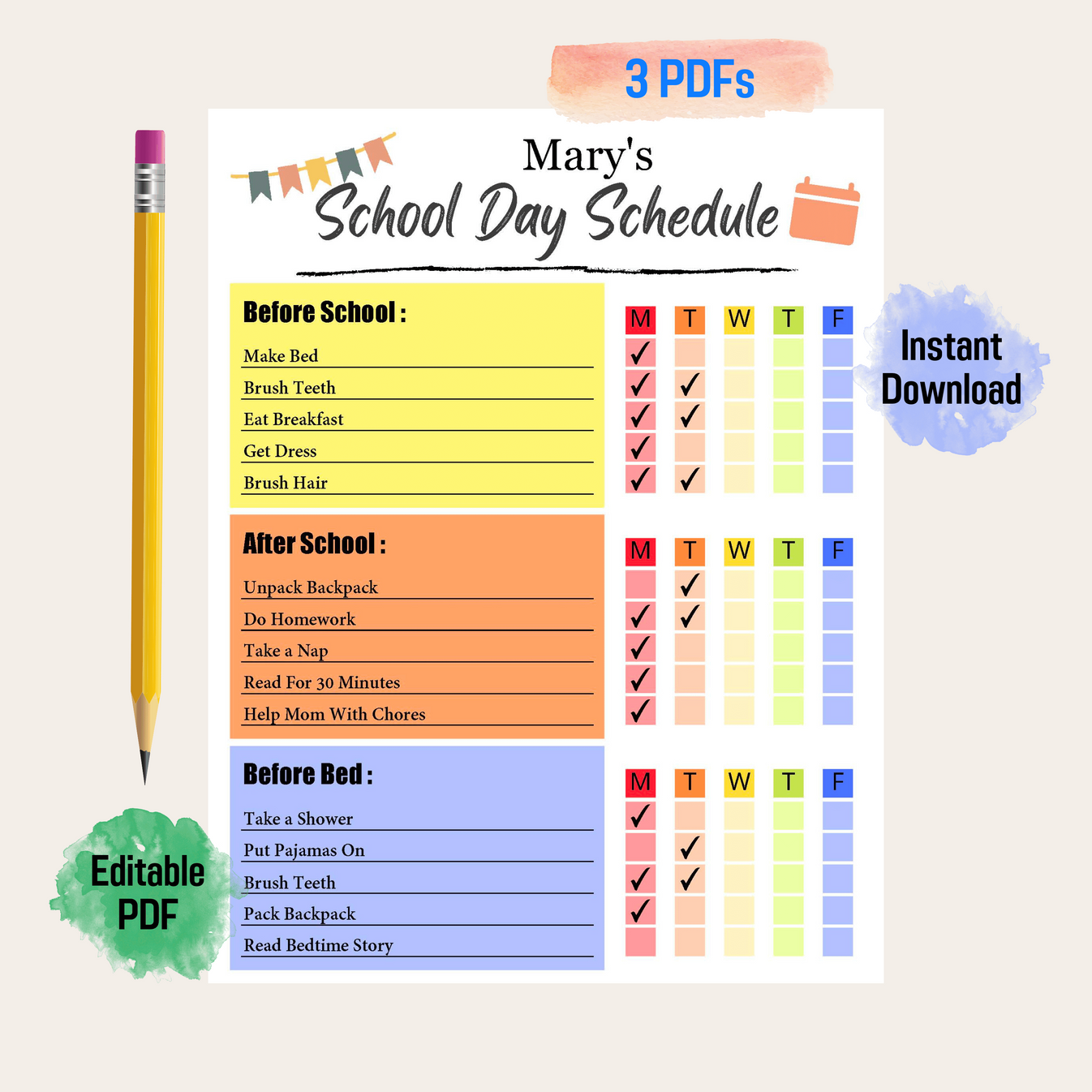 Kids Daily School Day Schedule, Kids Editable Daily Checklist Printabl ...