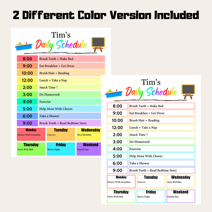 Kids Fillable Daily Schedule Rainbow Color, Daily Routine Responsibili ...
