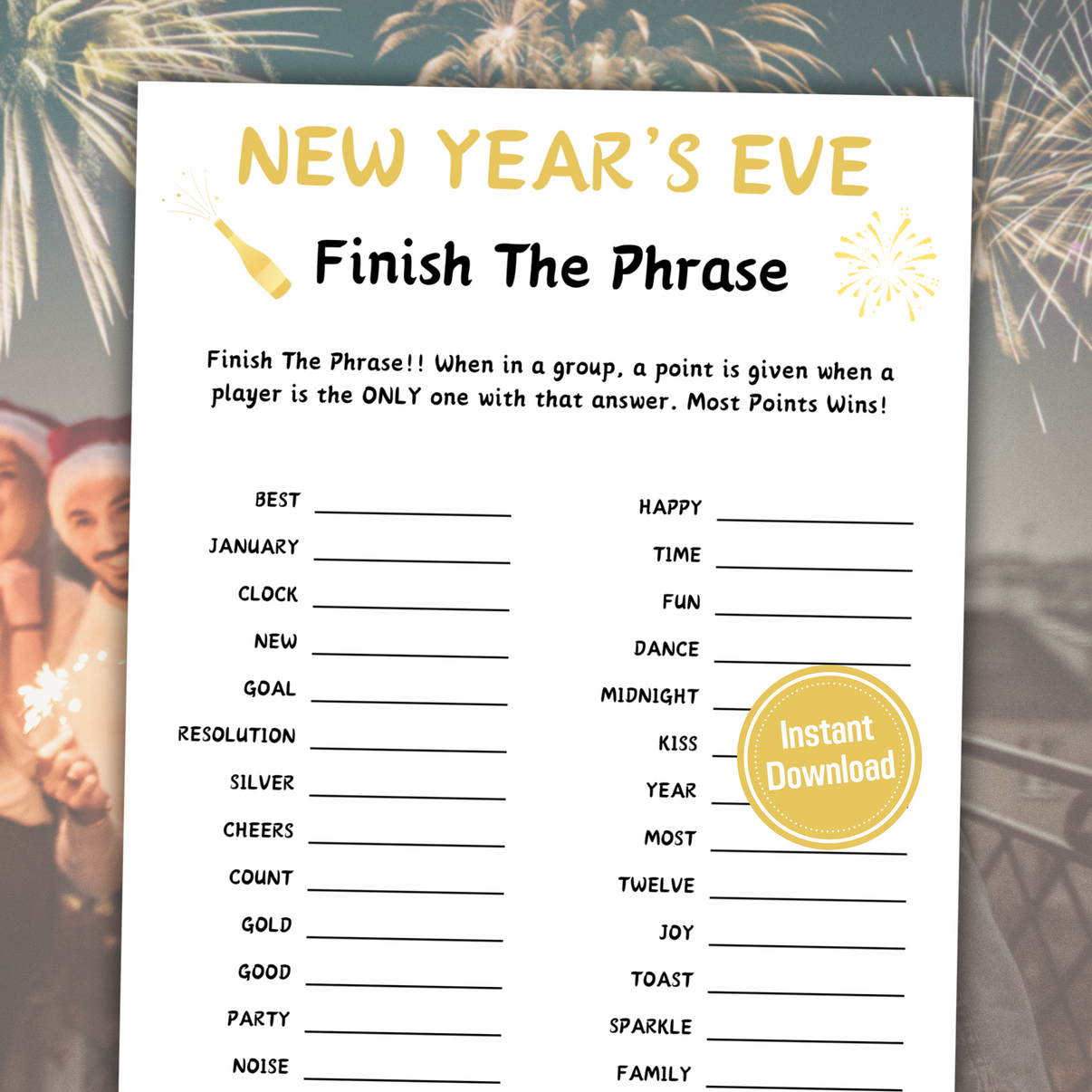 New Year's Eve Finish The Phrase Game | New Years Think Fast Game ...