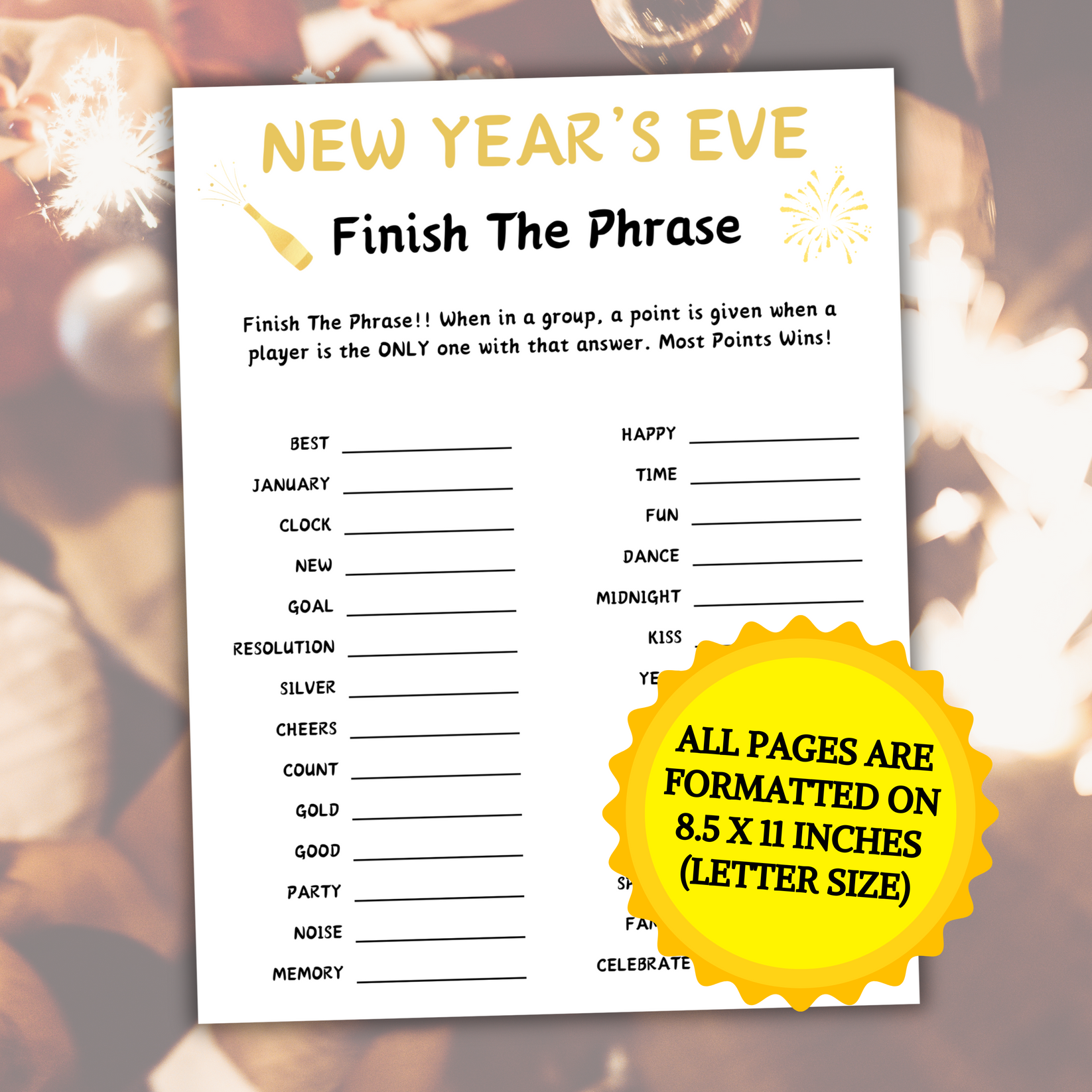 New Year's Eve Finish The Phrase Game | New Years Think Fast Game ...
