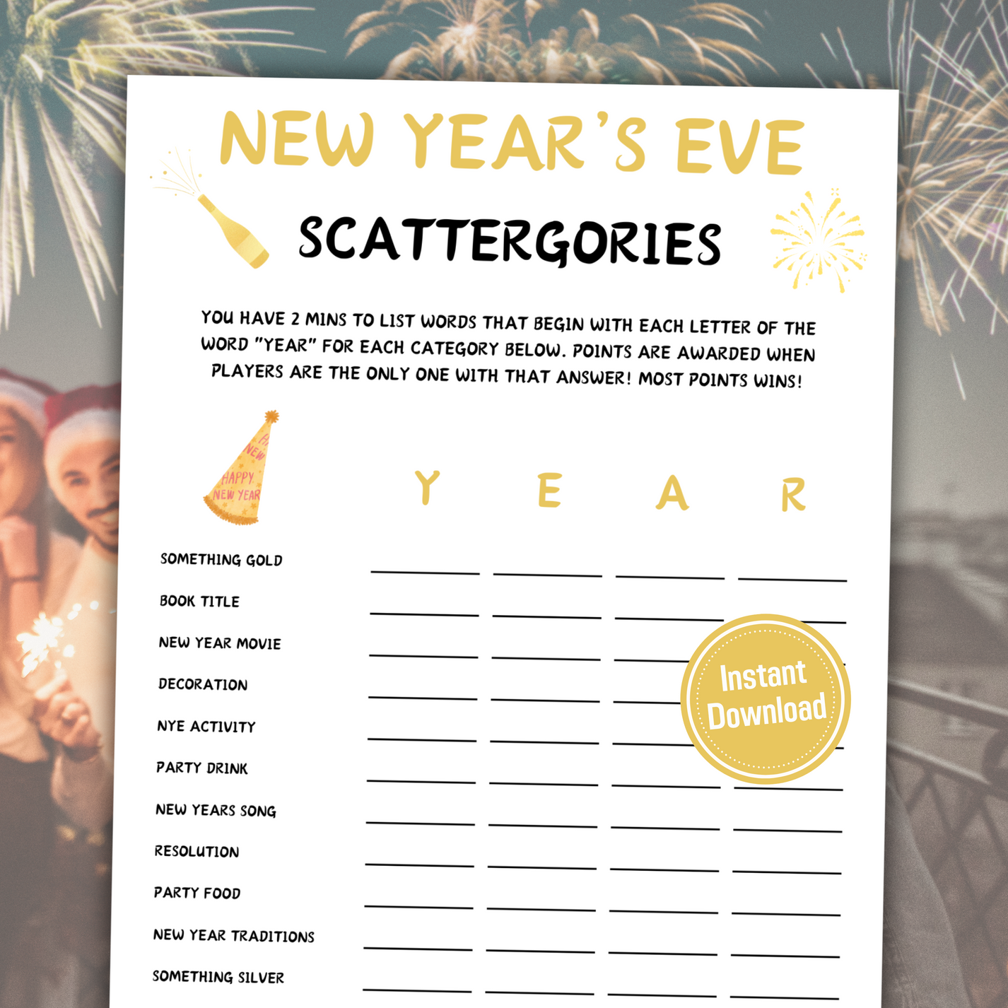 New Year's Eve Scattergories Game | New Years Think Fast Game – Funny ...