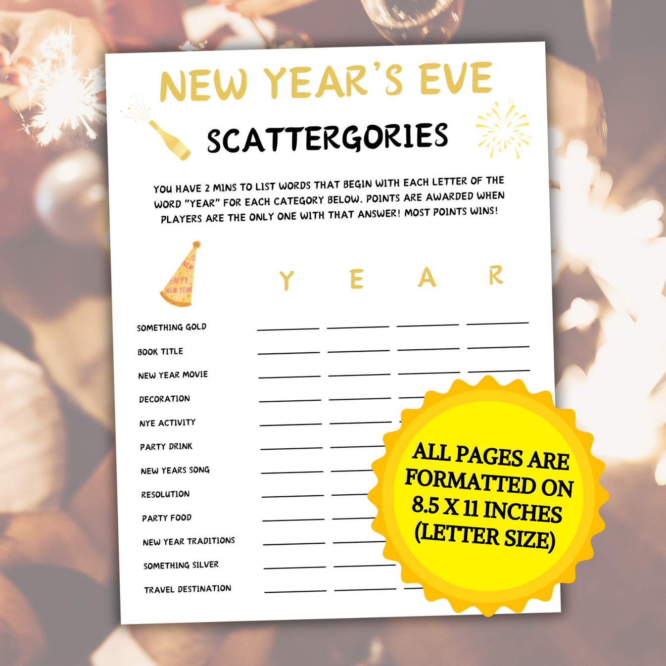 New Year's Eve Scattergories Game | New Years Think Fast Game – Funny ...