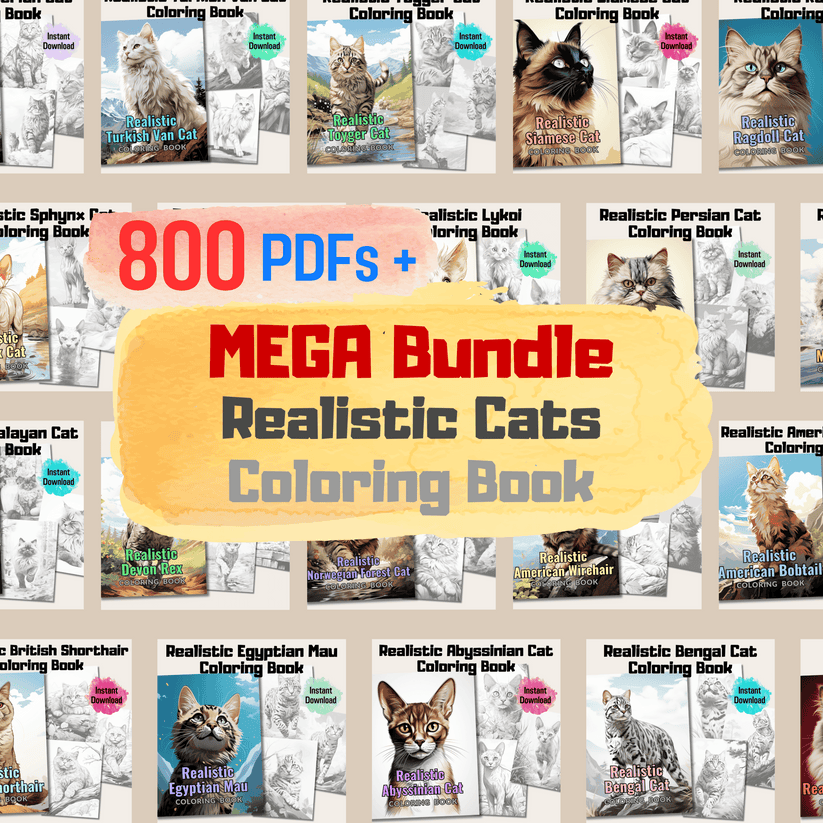 Ultimate Realistic Cats Grayscale Coloring Book Mega Bundle, 800 Pages ...