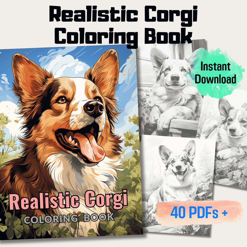 Realistic Corgi Coloring Book, 20 Design Corgi Grayscale Coloring Page ...