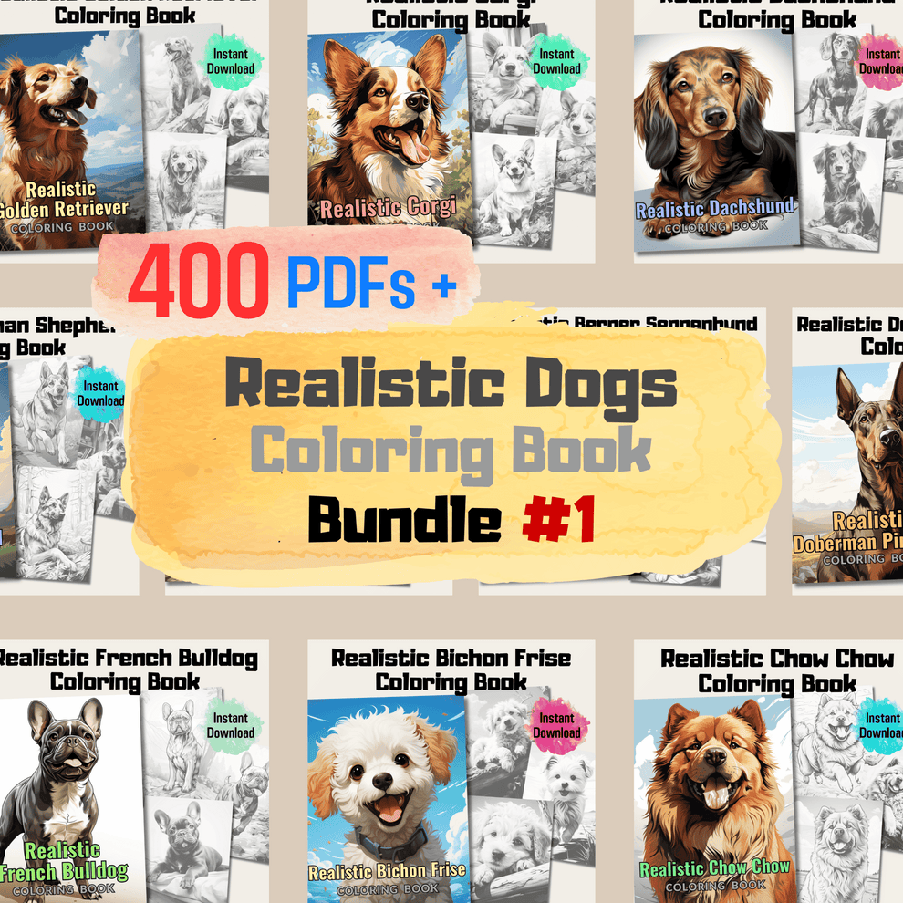 Realistic Dogs Coloring Book Bundle, 400 Dogs Grayscale Coloring Pages ...