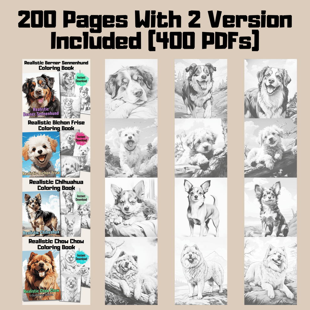 Realistic Dogs Coloring Book Bundle, 400 Dogs Grayscale Coloring Pages ...