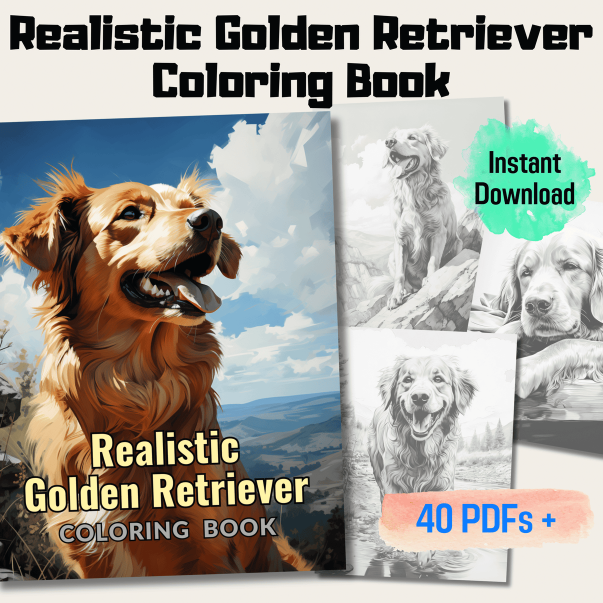 Realistic Golden Retriever Coloring Book, 20 Golden Retriever Grayscal ...