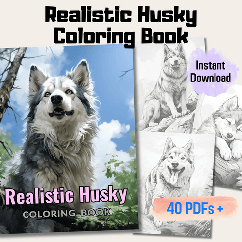 Realistic Husky Coloring Book, 20 Siberian Husky Grayscale Coloring Pa ...