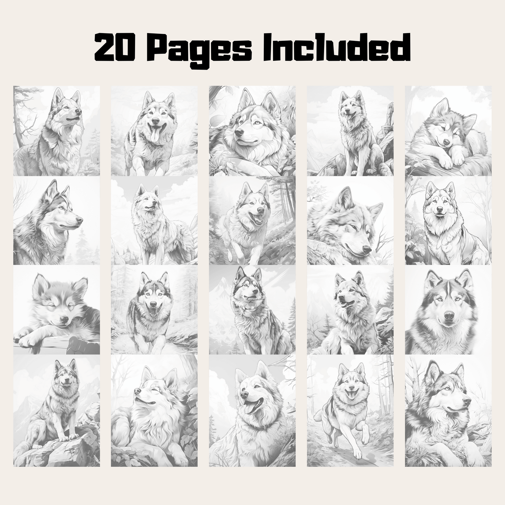 Realistic Husky Coloring Book, 20 Siberian Husky Grayscale Coloring Pa ...