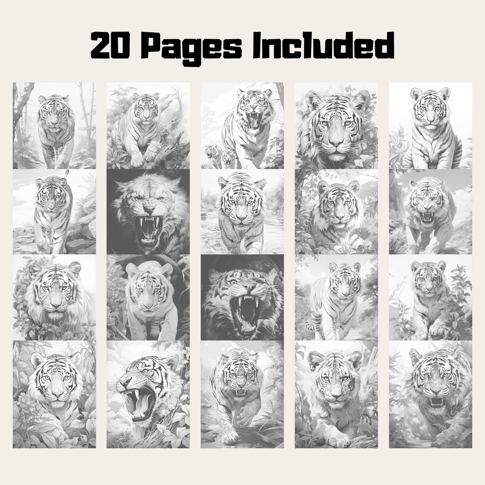 20 Pages Realistic Tiger Grayscale Coloring Book, Instant Download, Pr ...