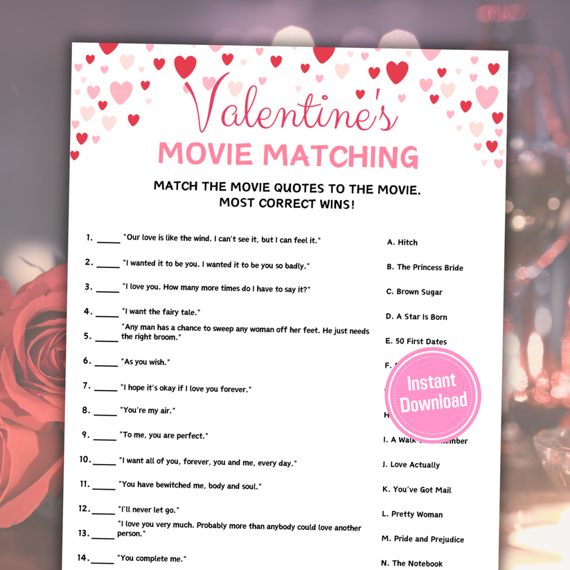Valentine's Day Movie Matching Game | Love Movie Quote Match Game ...