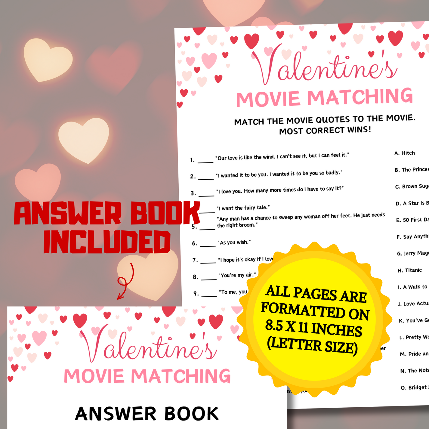 Valentine's Day Movie Matching Game | Love Movie Quote Match Game ...