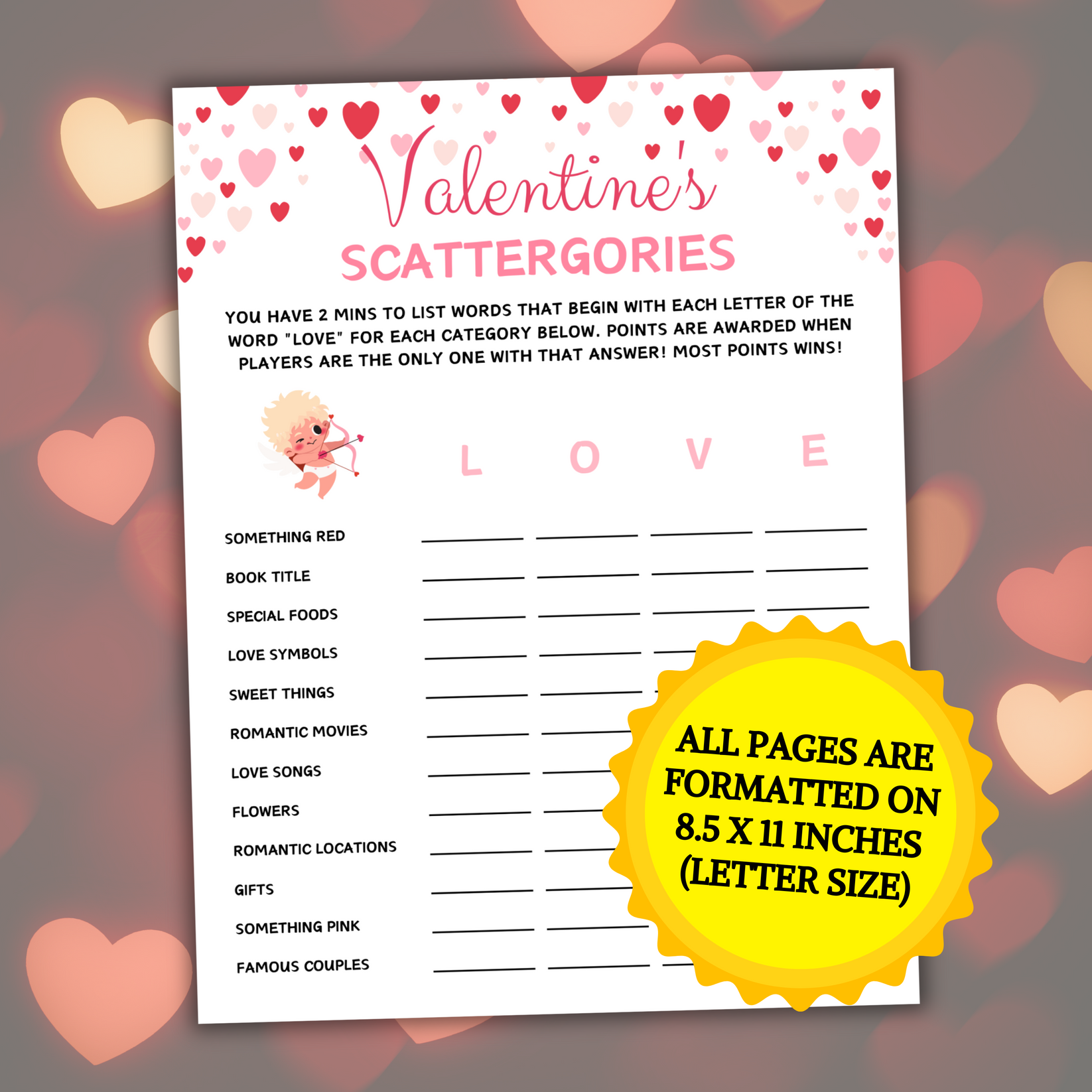 Valentine's Day Scattergories Game | Love Think Fast Game – Funny Print ...